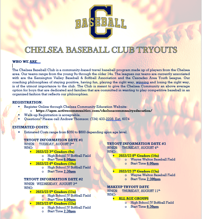 August Chelsea Baseball Club Tryouts - Chelsea Update: Chelsea ...